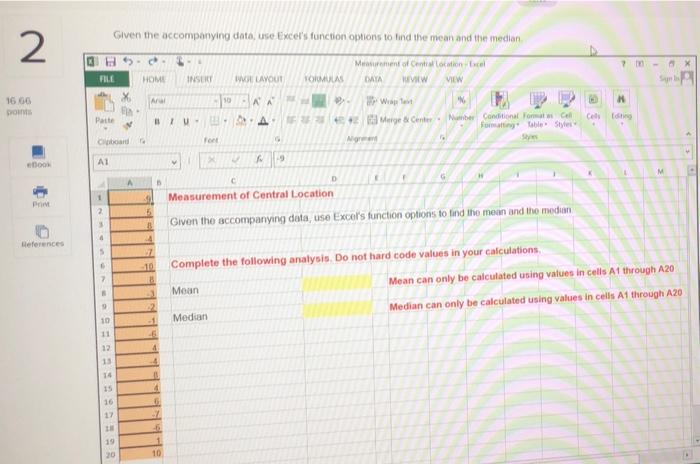 Solved Given the accompanying data, use Excel's function | Chegg.com