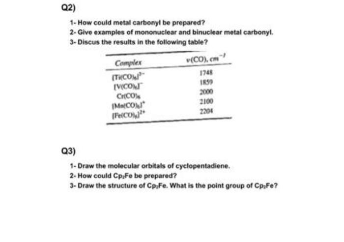 Solved Q2) 1- How could metal carbonyl be prepared? 2. Give | Chegg.com