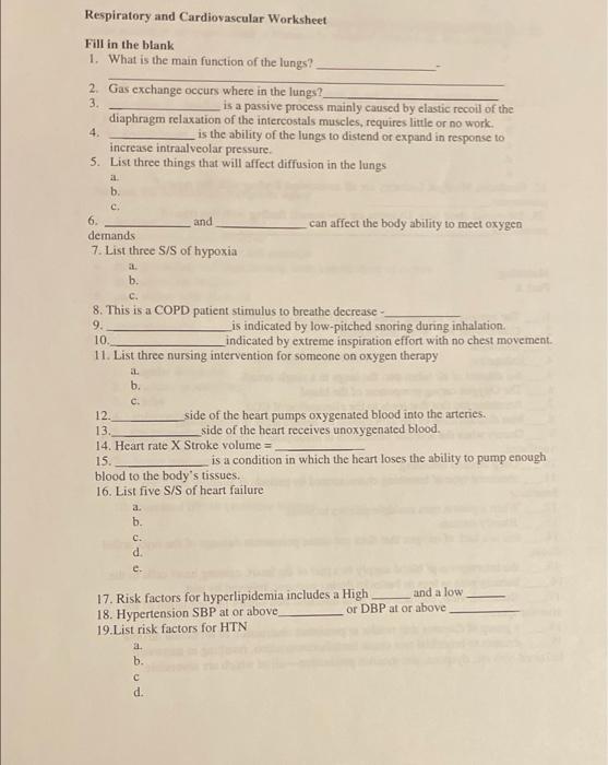 Solved Respiratory and Cardiovascular Worksheet Fill in the | Chegg.com