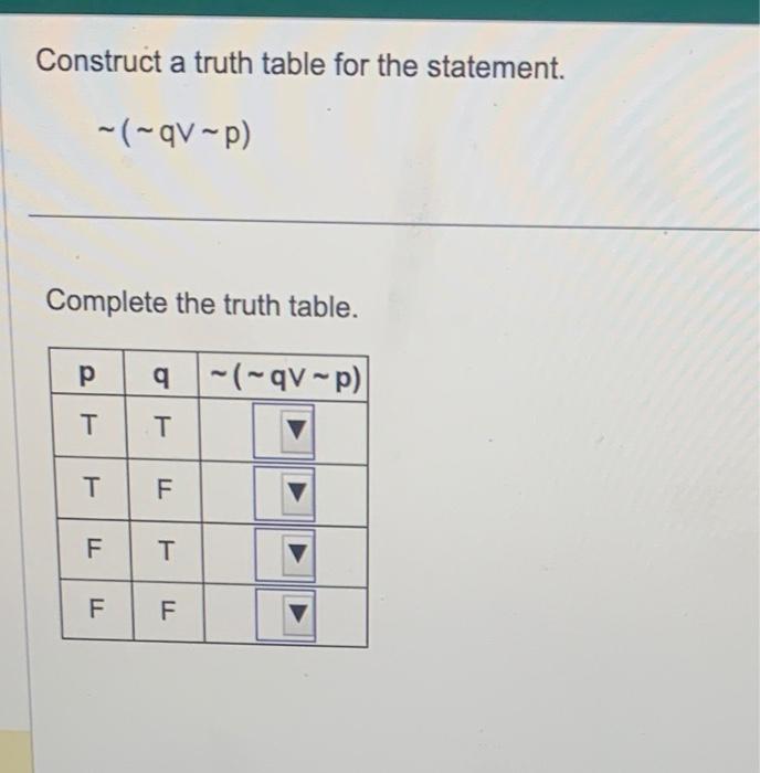 Construct a truth table for the statement. ∼(∼q∨∼p) | Chegg.com