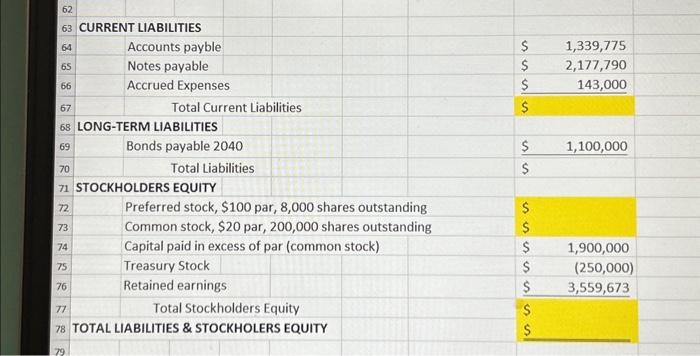Solved answer the yellow square with the excel formula | Chegg.com
