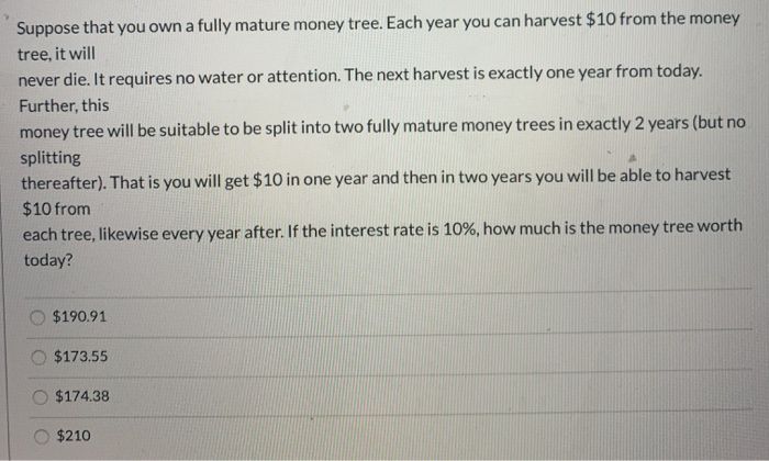 Solved Suppose that you own a fully mature money tree. Each | Chegg.com