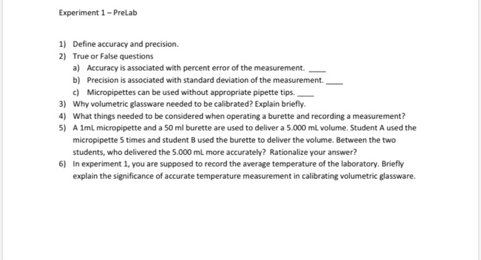 Solved Experiment 1-PreLab 1) Define accuracy and precision. | Chegg.com