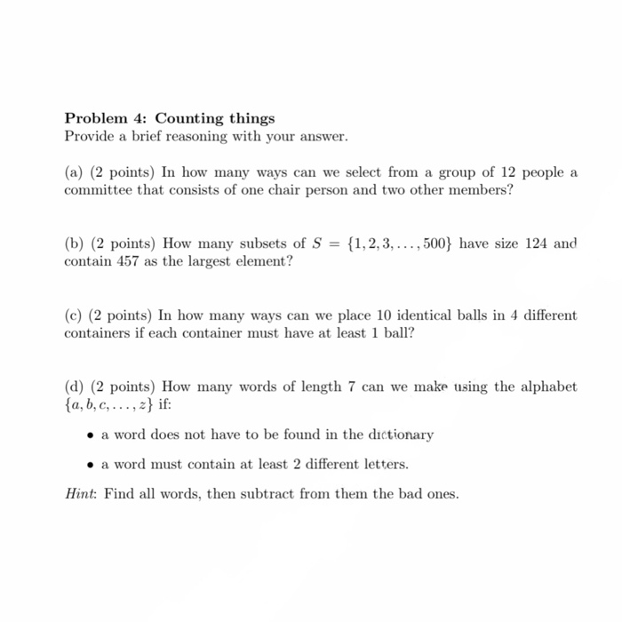 Solved Problem 4: Counting things Provide a brief reasoning | Chegg.com