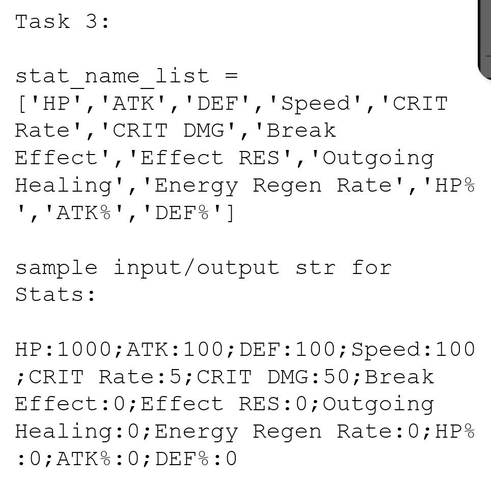 Solved Task 3: stat_name_list = Rate', 'CRIT DMG', 'Break | Chegg.com