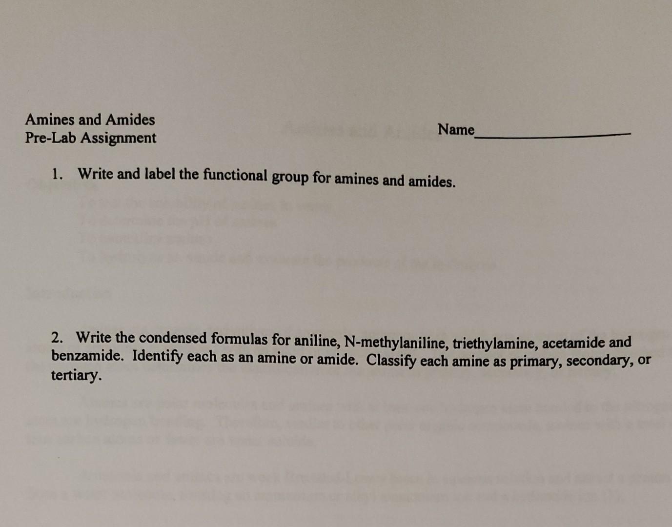 Solved Amines and Amides Pre-Lab Assignment Name 1. Write | Chegg.com