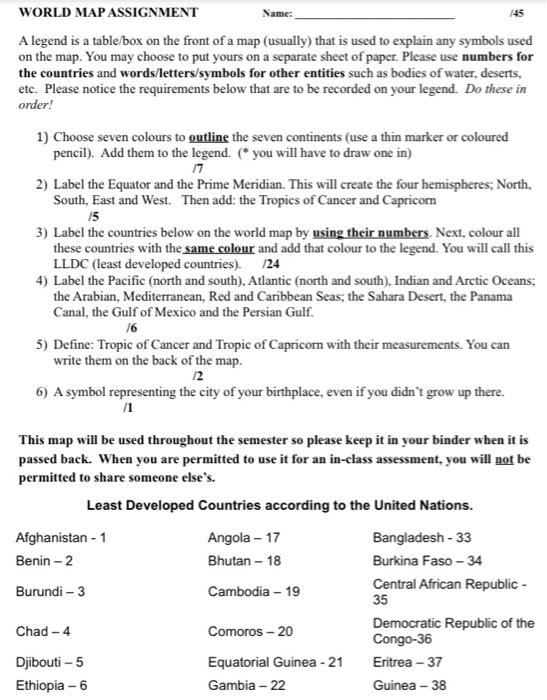 Solved 145 WORLD MAP ASSIGNMENT Name: A legend is a | Chegg.com