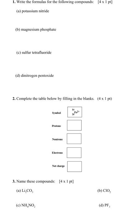 Solved 1. Write the formulas for the following compounds: | Chegg.com