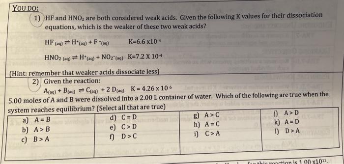 Solved YOU DO: 1) HF and HNO2 are both considered weak | Chegg.com