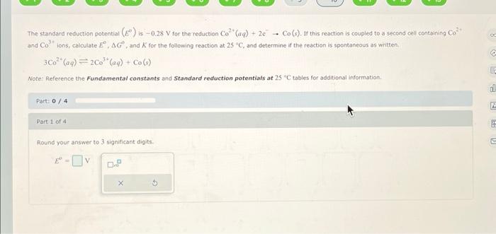 Solved The standard reduction potential (E2) is −0.28 V for | Chegg.com