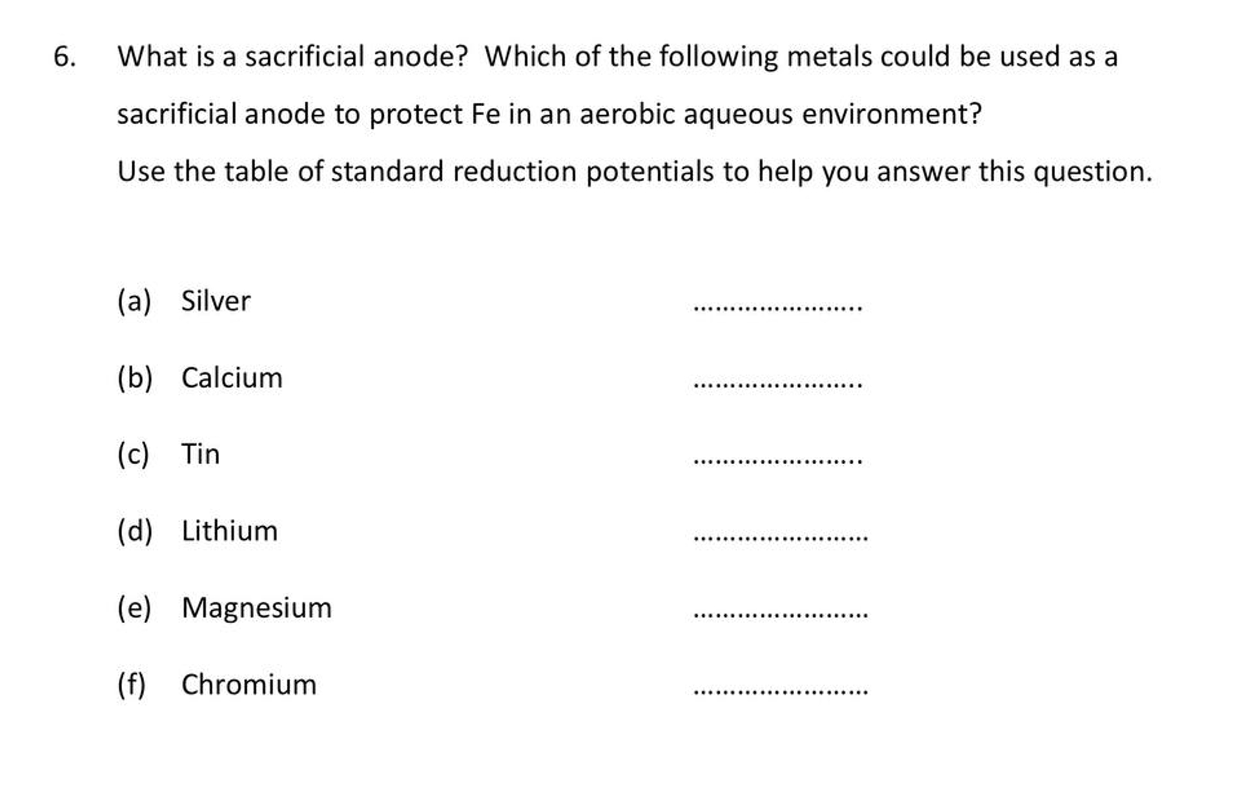 Solved What is a sacrificial anode? Which of the following | Chegg.com