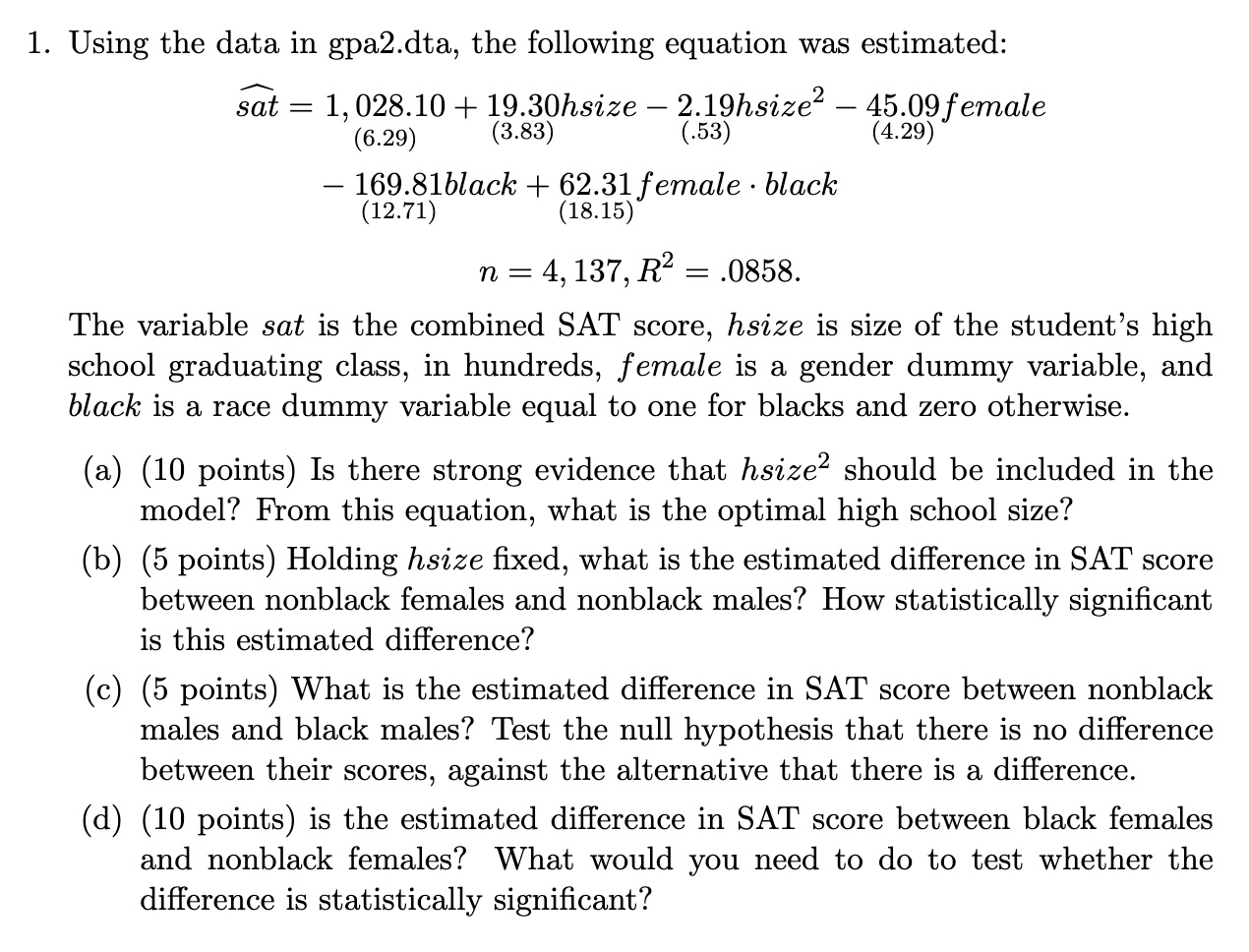 Solved Using the data in gpa2.dta, the following equation | Chegg.com