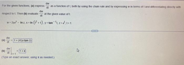 Solved For the given functions, (a) express dtdw as a | Chegg.com