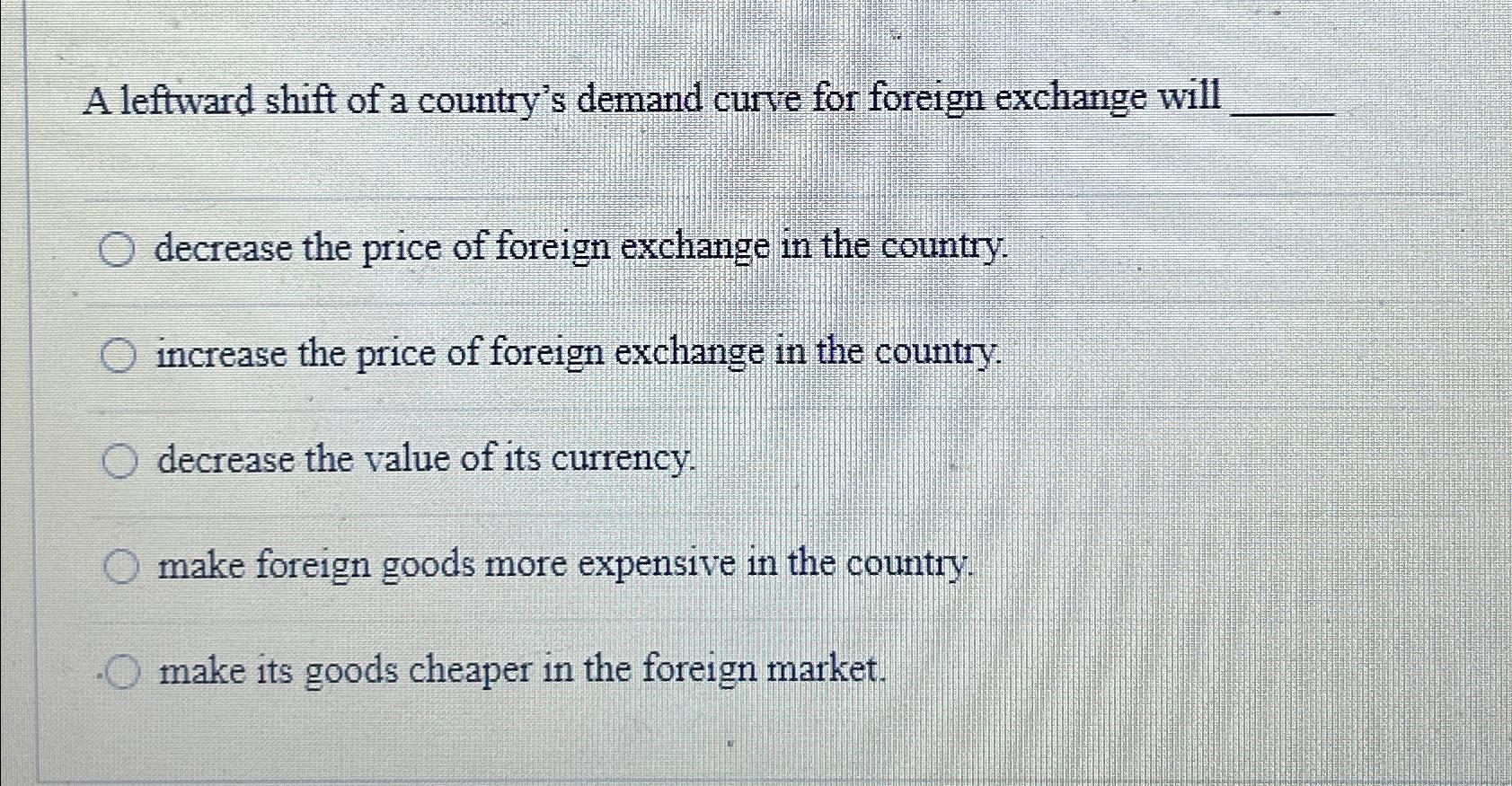 Solved A leftward shift of a country's demand curve for | Chegg.com