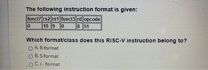 Solved The following instruction format is given: funct7 rs2 | Chegg.com