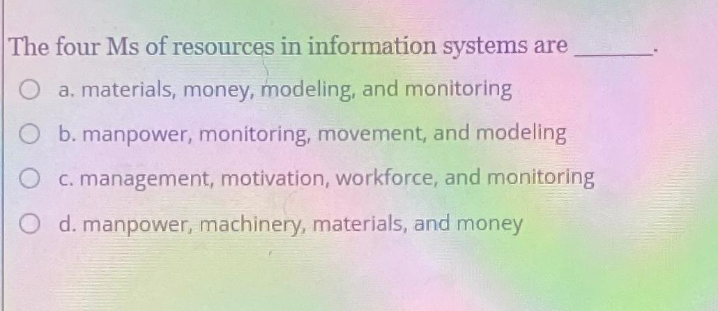 Solved The four Ms of resources in information systems area. | Chegg.com
