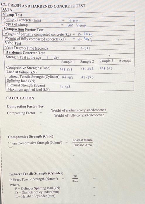 Solved C3-FRESH AND HARDENED CONCRETE TEST DATA Slump Test | Chegg.com