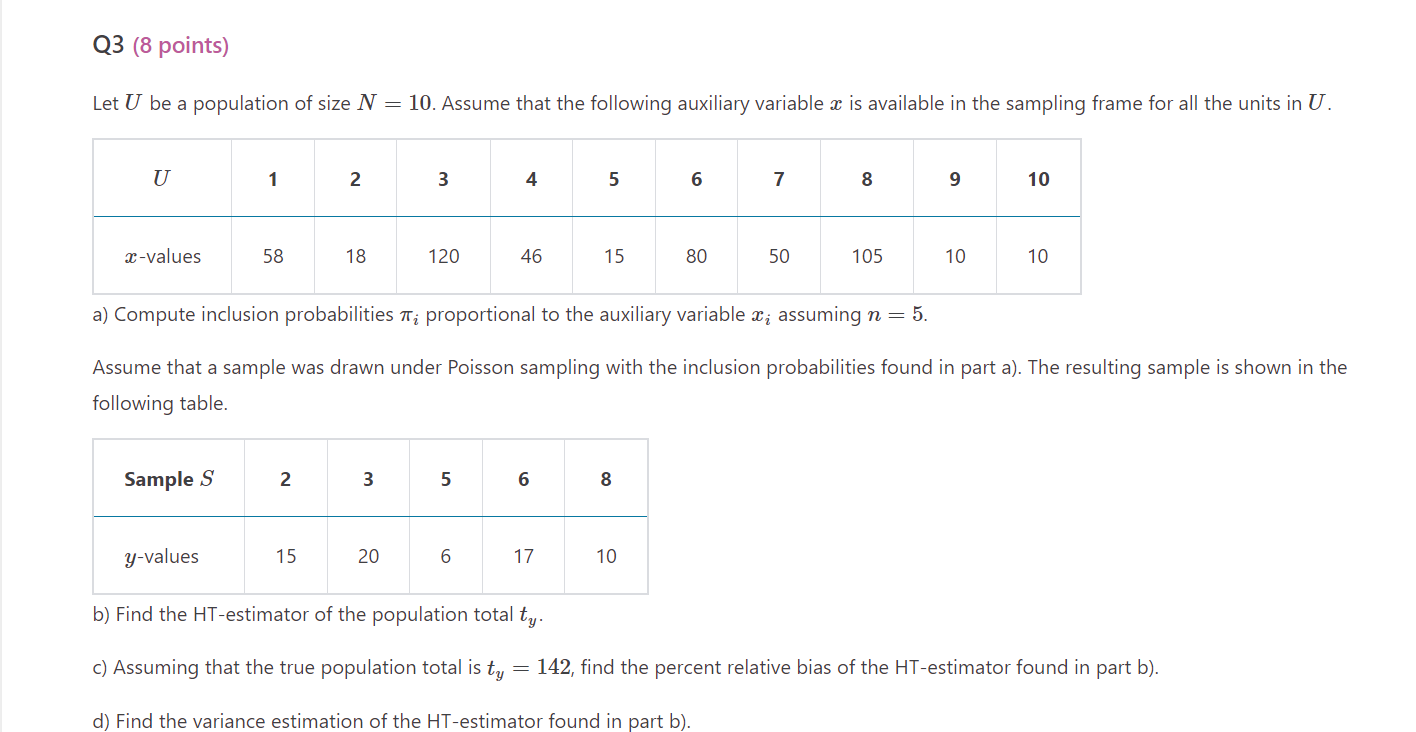 Solved Q3 (8 ﻿points)Let U ﻿be a population of size N=10. | Chegg.com