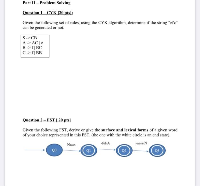 Solved Part II - Problem Solving Question 1 - CYK [20 pts]: | Chegg.com