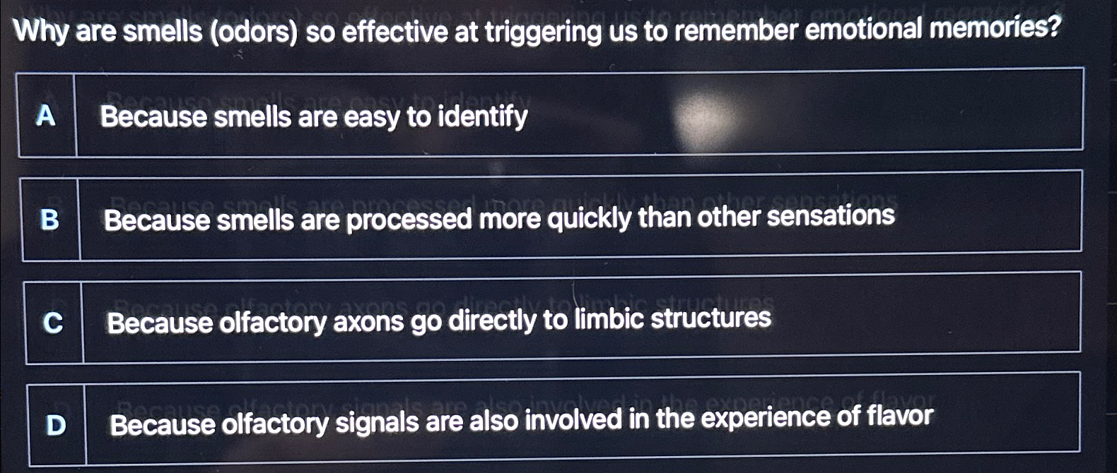 Solved Why are smells (odors) ﻿so effective at triggering us | Chegg.com