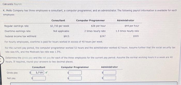 Solved K. Mello Company has three cmployees-a consultant, a | Chegg.com