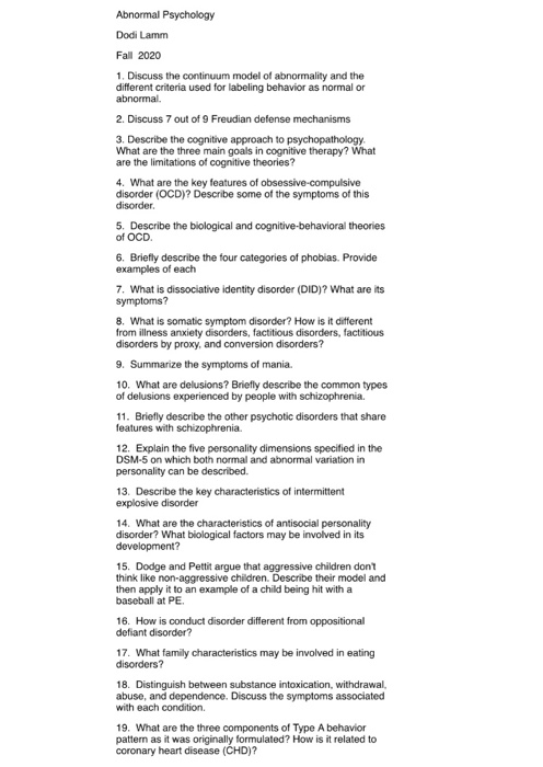 Solved Abnormal Psychology Dodi Lamm Fall 2020 1. Discuss | Chegg.com