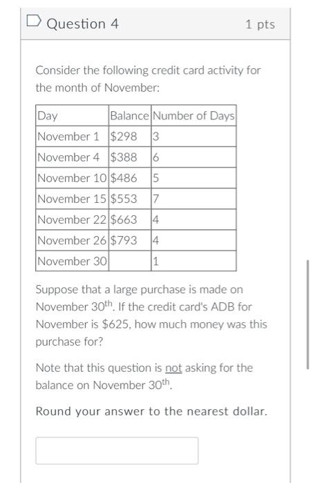 Solved Consider the following credit card activity for the | Chegg.com