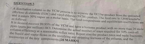 QUESTION 3 A distillation column in the VCM process | Chegg.com