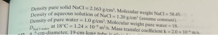 Solved Density of pure water Density pure solid NaCl = 2.163 | Chegg.com