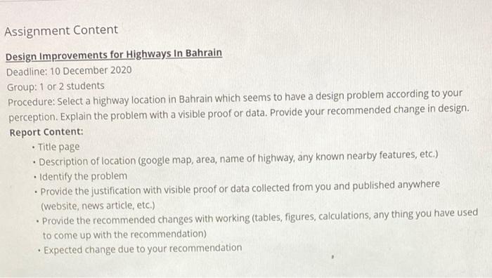 Assignment Content Design Improvements for Highways | Chegg.com