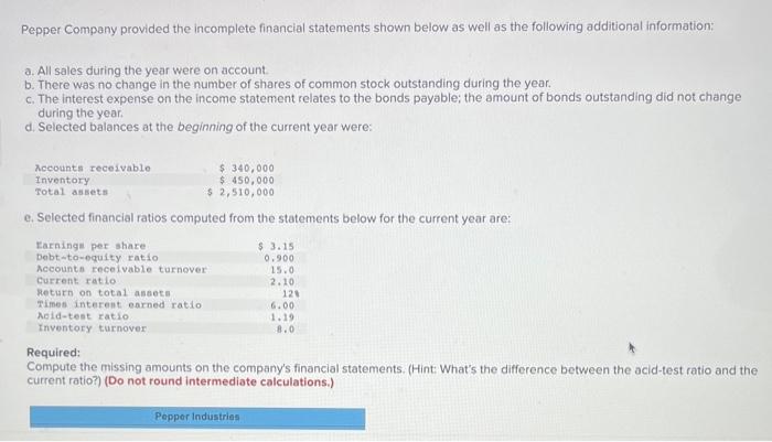 Solved Pepper Company provided the incomplete financial | Chegg.com