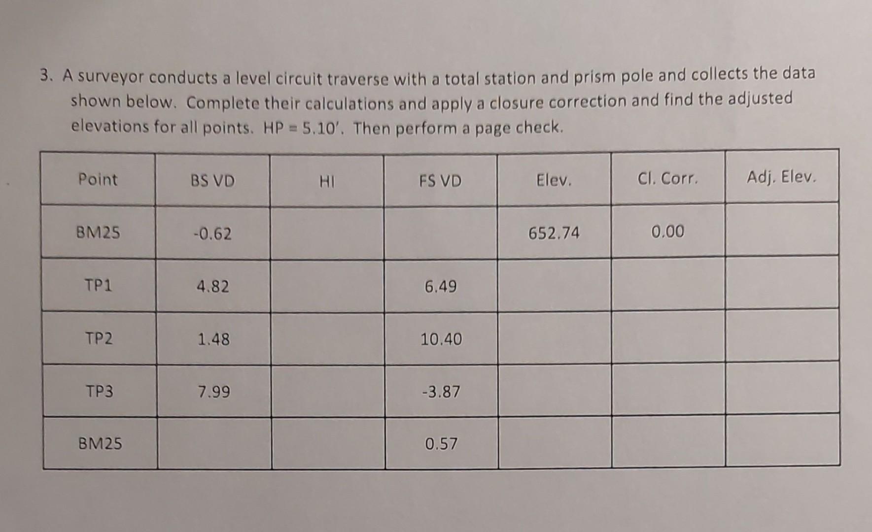 Solved 3. A surveyor conducts a level circuit traverse with | Chegg.com