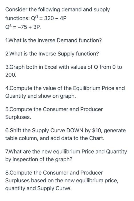 Solved Consider the following demand and supply functions: | Chegg.com