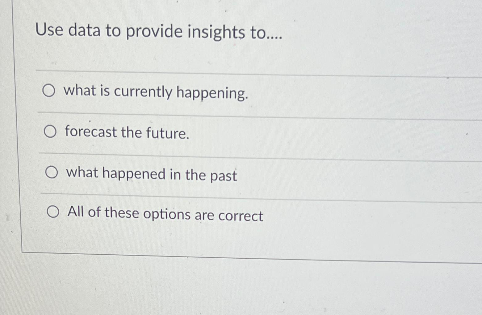 Solved Use data to provide insights to....what is currently | Chegg.com