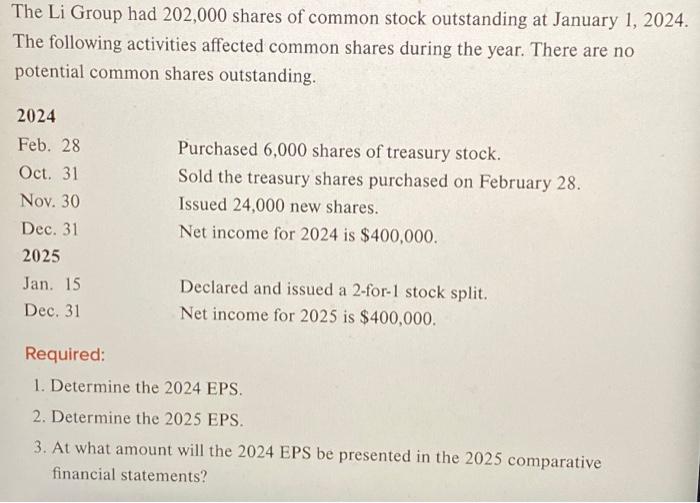Solved The Li Group had 202,000 shares of common stock | Chegg.com