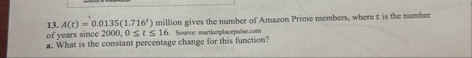 A(t)=0.0135(1.716t) ﻿million gives the number of | Chegg.com