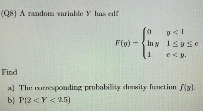 Solved (Q8) A random variable Y has cdf | Chegg.com