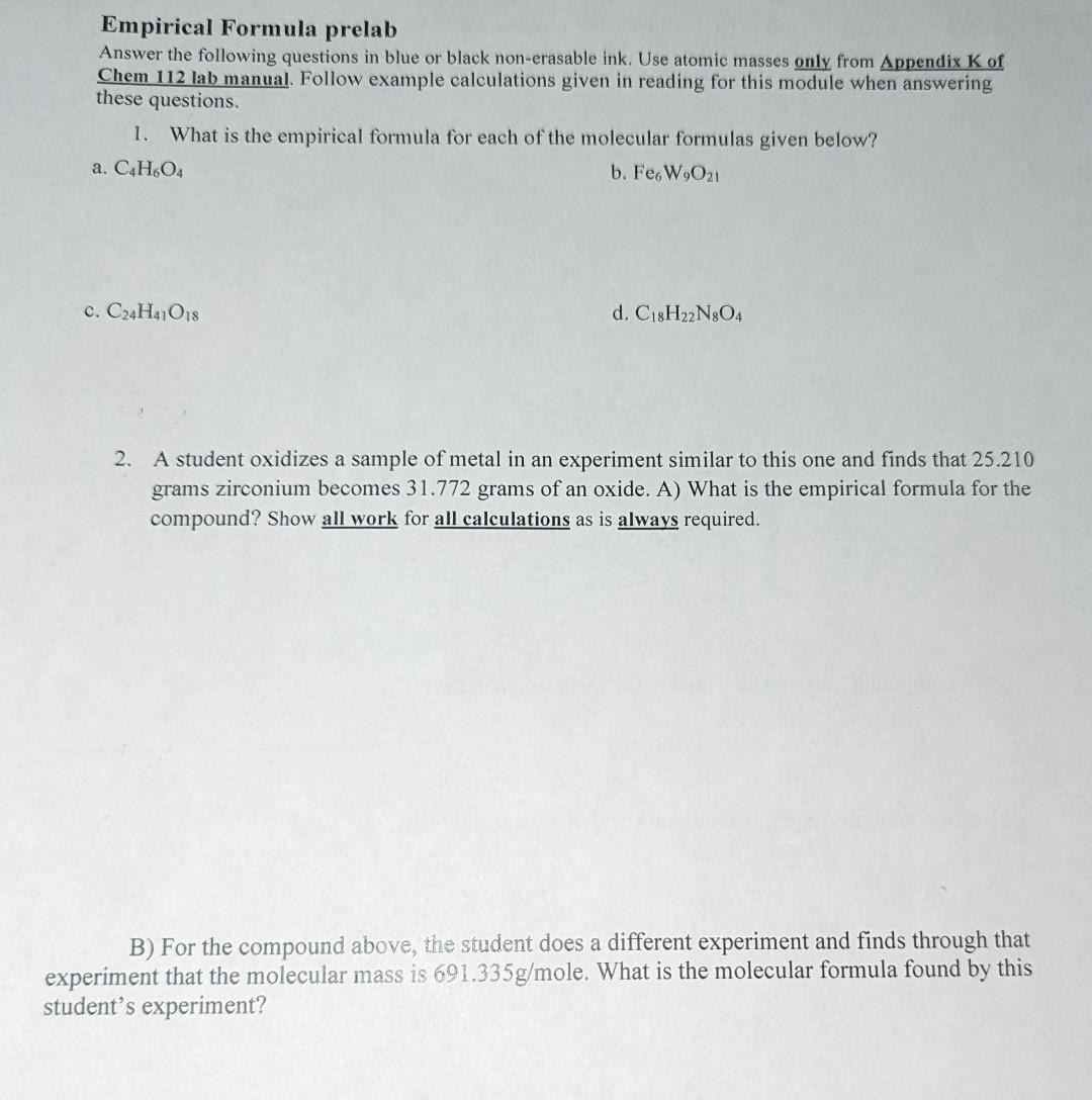 Solved Empirical Formula prelab Answer the following | Chegg.com