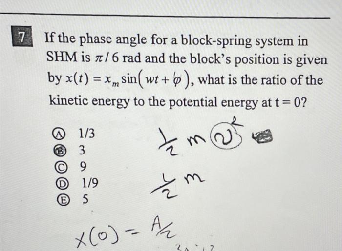 Solved 7 If the phase angle for a block-spring system in SHM | Chegg.com