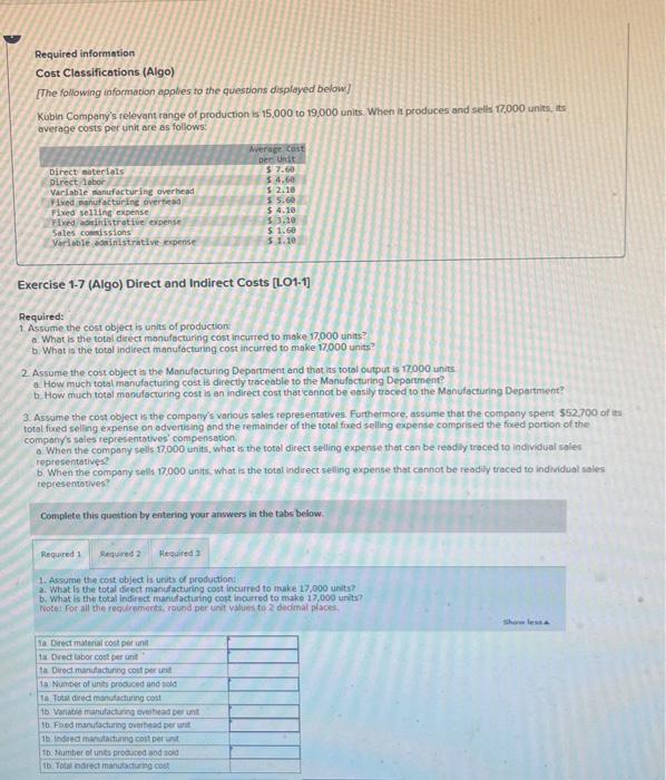 Solved Required information Cost Classifications (Algo) [The | Chegg.com