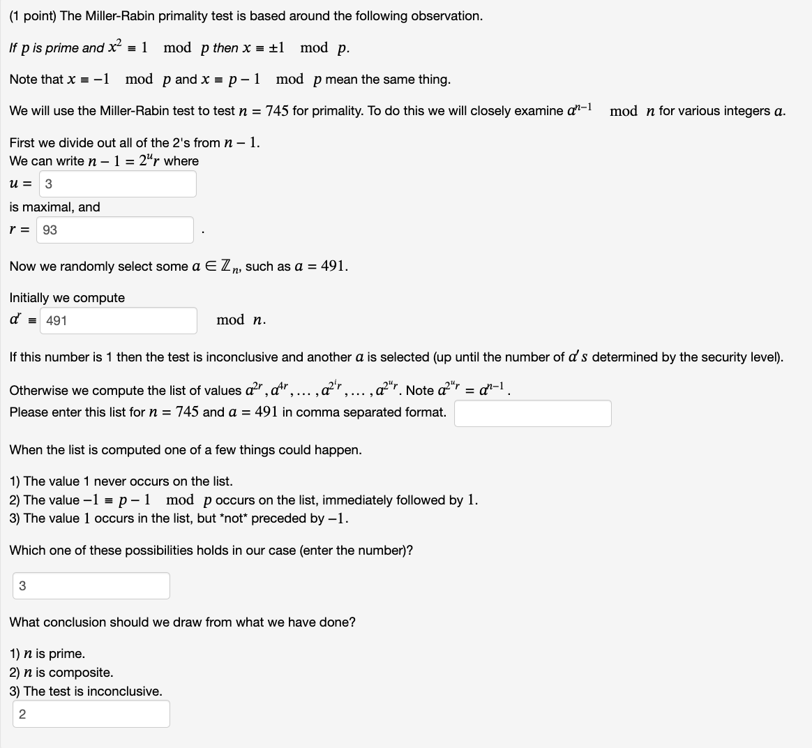 Solved 1 point the Miller Rabin Primality Test Is Based
