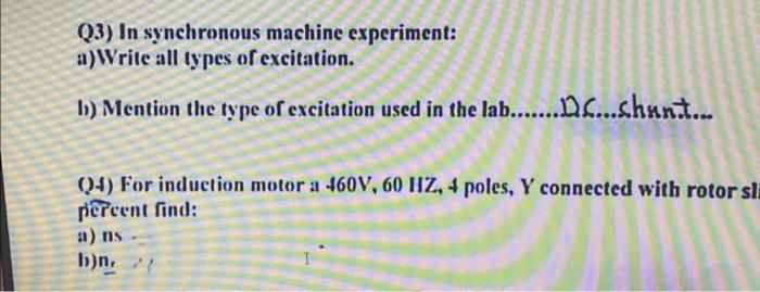 Solved Q3) In synchronous machine experiment: a) Write all | Chegg.com
