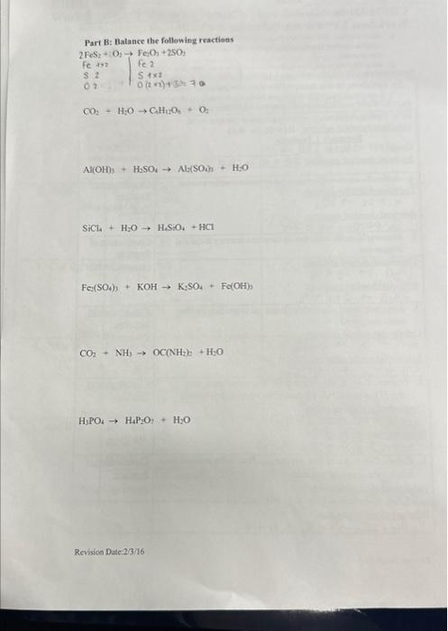 Solved Part B: Balance the following reactions | Chegg.com