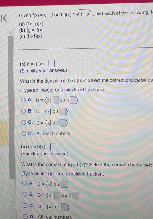Solved K Given f(x) = x + 3 and g(x)=√√1-x², find each of | Chegg.com