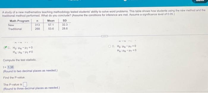 Solved A study of a new mathematics teaching methodology | Chegg.com