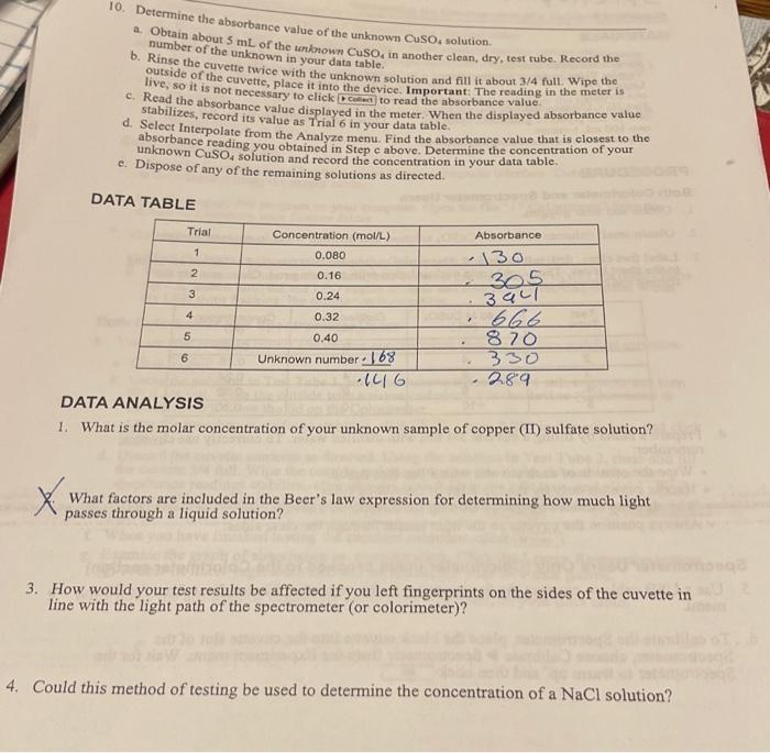 10. Determine the absorbance value of the unknown | Chegg.com