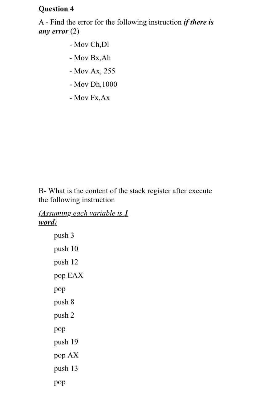 Solved Microprocessor & Assembly Language HW-1 Question 1 If | Chegg.com