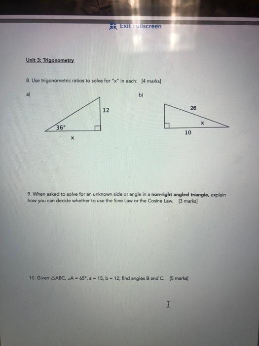 Solved 8. Use trigonometric ratios to solve for " x " in | Chegg.com