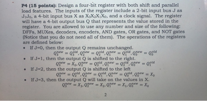 Solved P4 (15 points): Design a four-bit register with both | Chegg.com