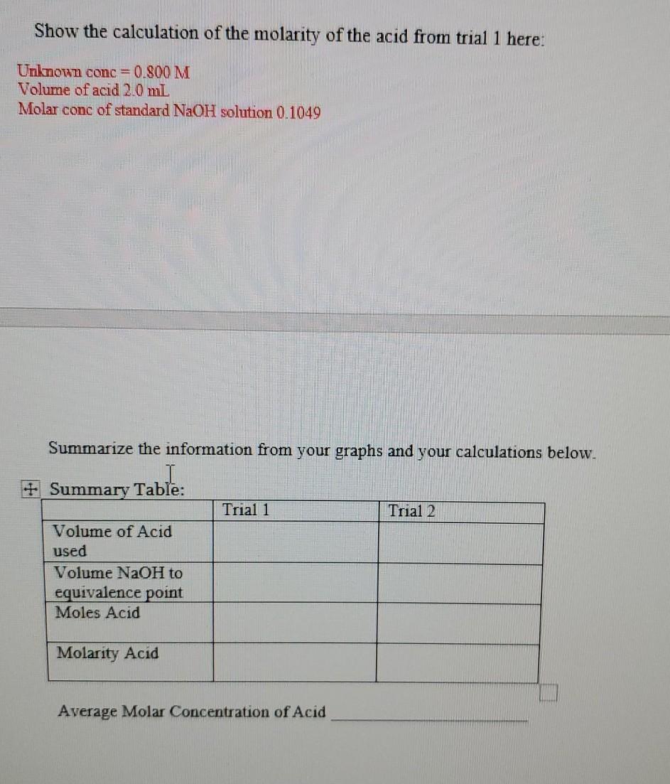 Solved Show the calculation of the molarity of the acid from | Chegg.com